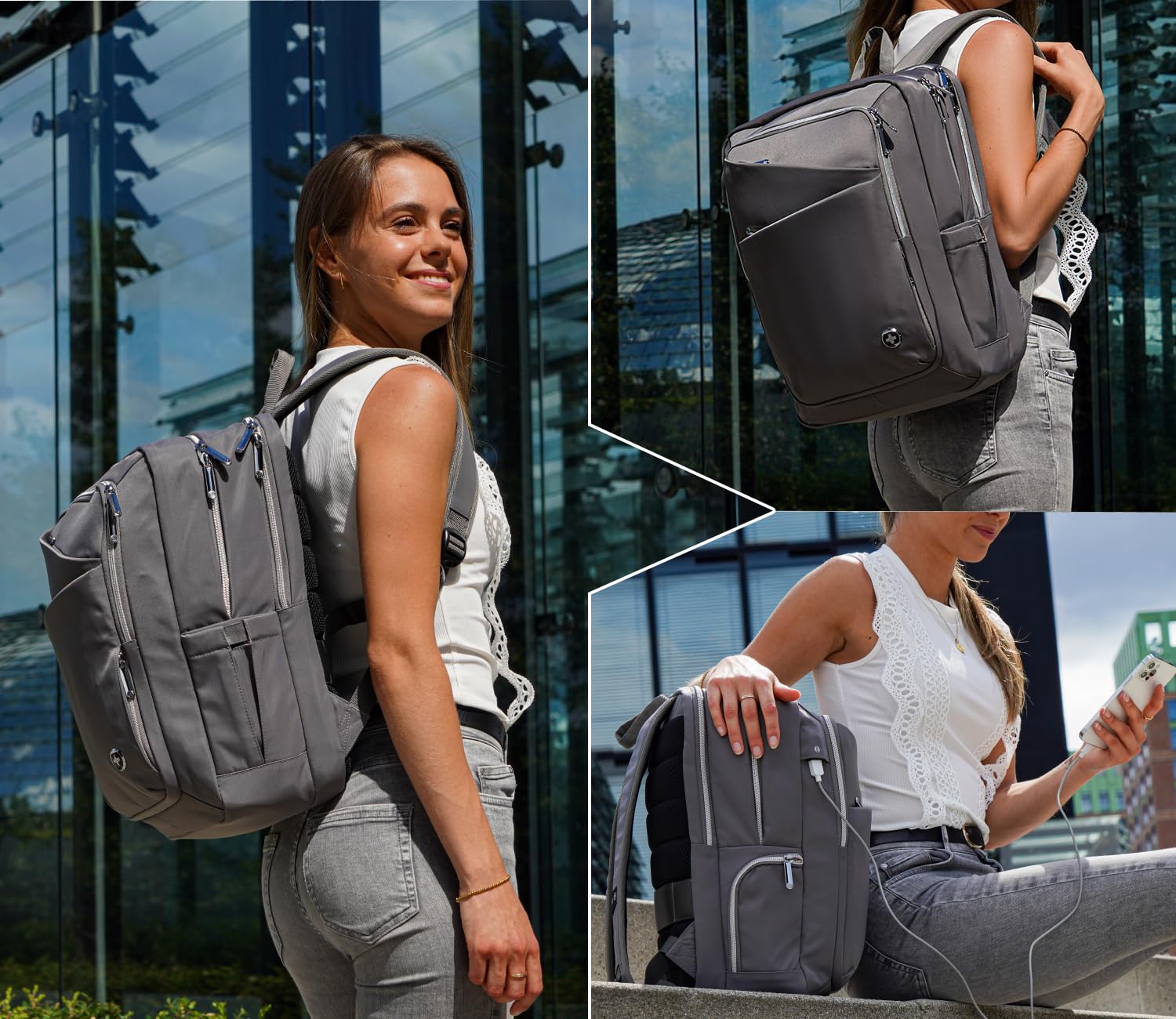 Swissdigital Design Laptop Backpack For Women,College Bookbags With USB Charging Port,Large Capacity Computer Backpacks For Work Business Grey(Katy Rose SD1006F-02)