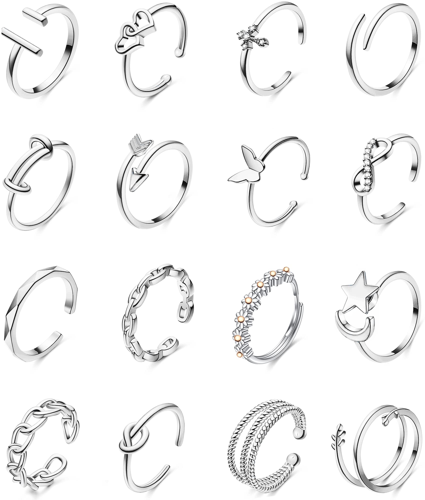 Staligue 16pcs Adjustable Rings for Women Simple Stackable Knuckle Rings Set Trendy Finger Stacking Open Rings Flower Cross Chain Butterfly Heart Thumb Knuckle Adjustable Rings Set