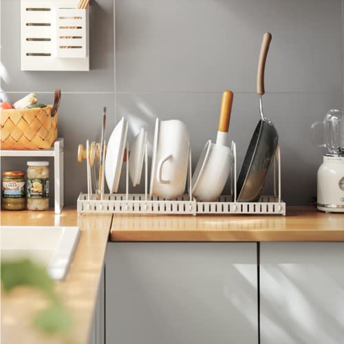 Rerii Pan Organizer Rack for Cabinet, Expandable Pots and Pans Organizer Rack, Cutting Board Pot Lid Holder Dish Drying Racks with 10 Adjustable Dividers for Kitchen Counter