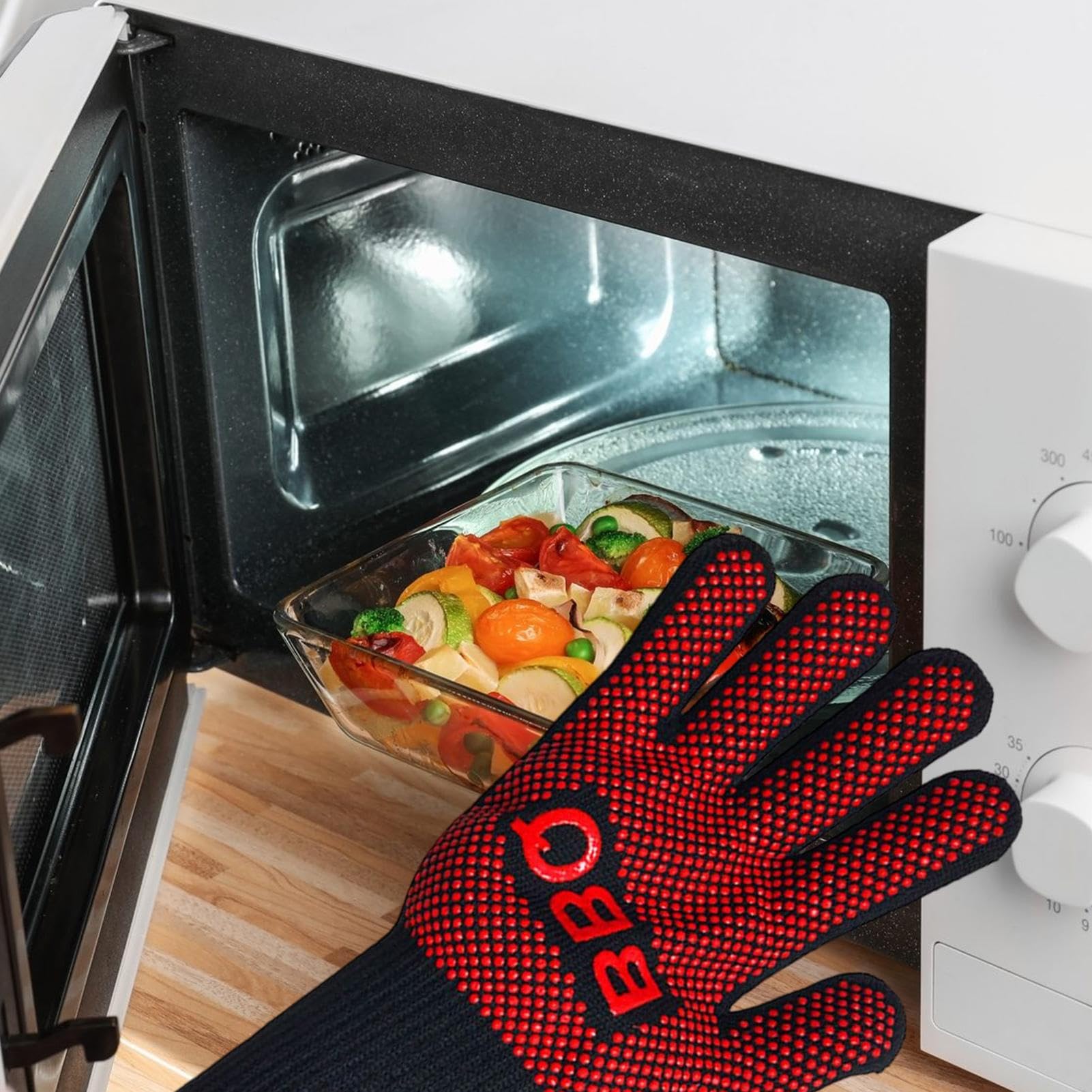 Oven Gloves, 3 Layers Heat-Resistant BBQ Gloves, Washable Kitchen Pot Glove, Non-Slip Oven Mitts Set, Long Cuffs Kitchen Grill Gloves for Homes, Barbecue, Grilling, Cooking, Baking and Camping
