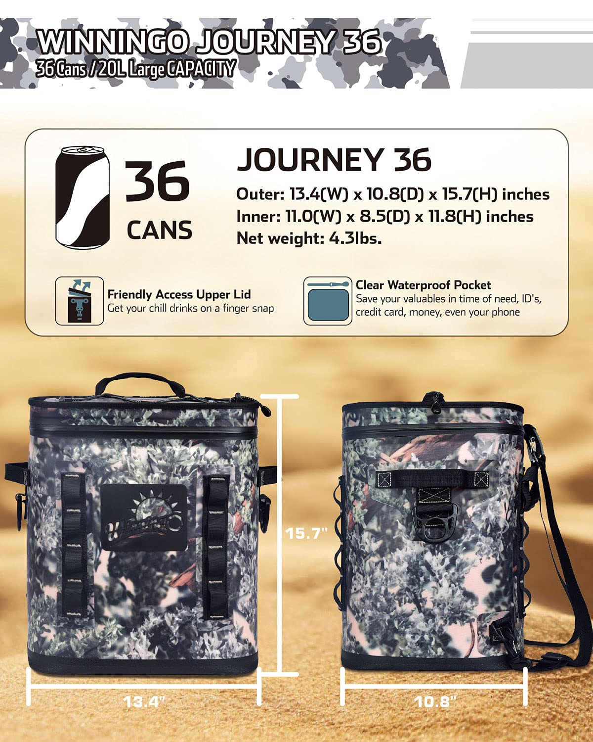 WINNINGO 36 Can Soft Cooler Backpack, Portable Large Waterproof Insulated Camping Soft Sided Cooler Bag with Leakproof Zipper & Duraflex Buckles, Keeps Ice Cold for Days (Journey 36 Camo)
