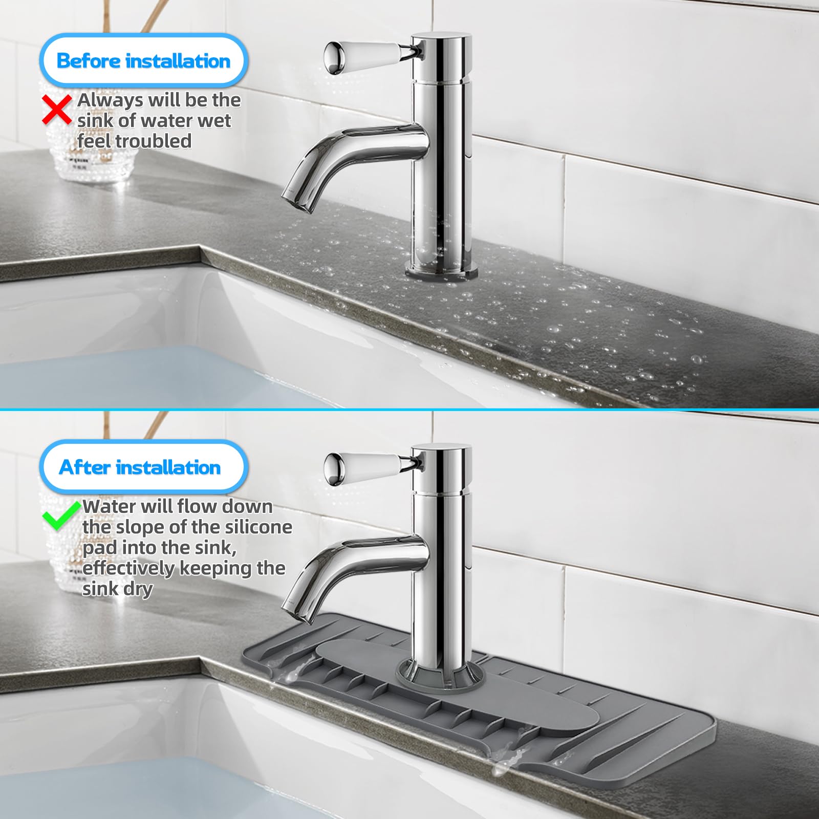 Silicone Faucet Splash Guard, 14.25 Inch Faucet Water Catcher Mat, Two water outlets Silicone Sink Mat, Faucet Handle Drip Catcher Tray Mat for Kitchen Countertop and Bathroom Sink Protectors (Grey)