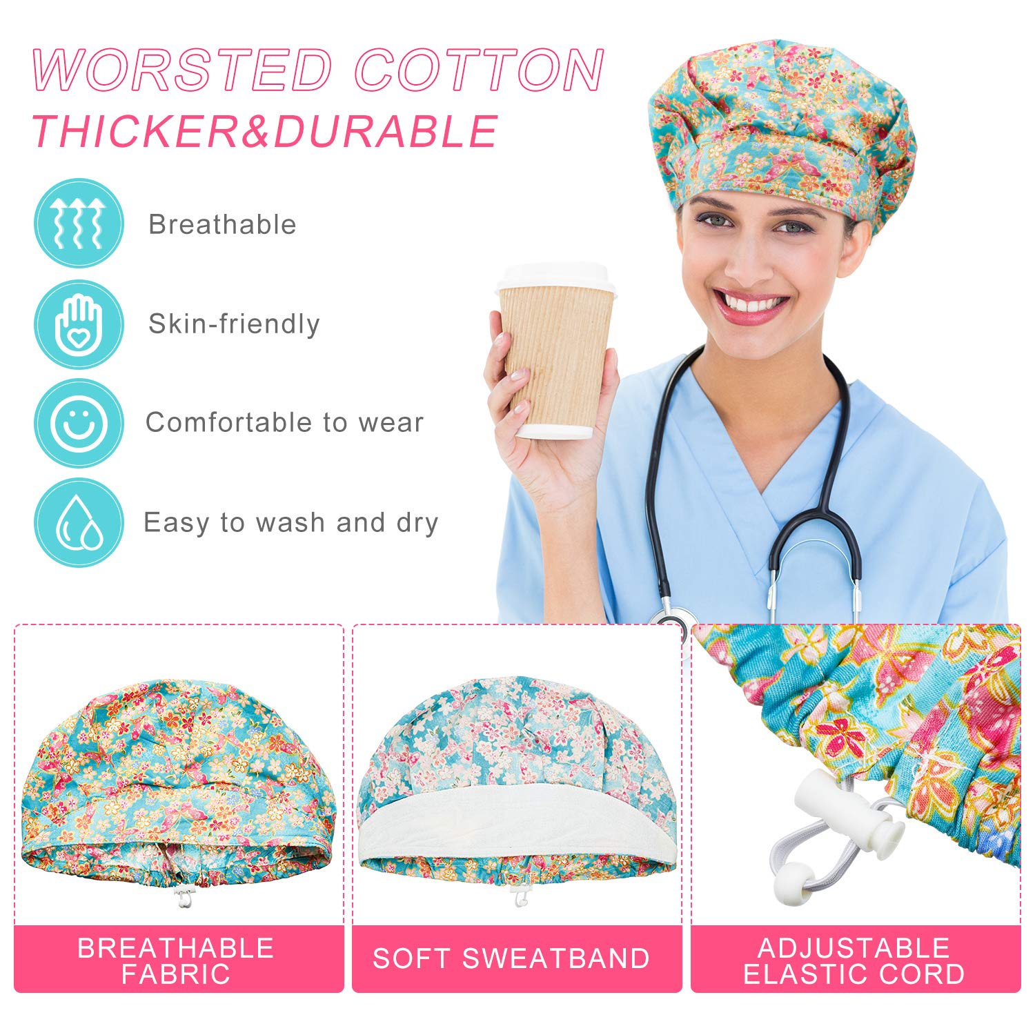 SATINIOR 4 Pieces Adjustable Caps Cotton Bouffant Cap Elastic Bouffant Cap Head Hair Covers with Sweatband for Women Men (Flower Pattern), Multicoloured, Medium
