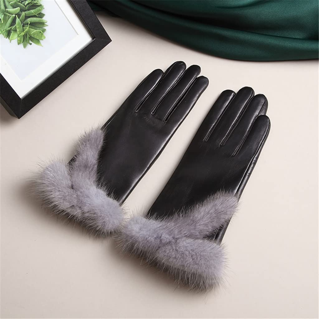 TJLSS Women's Gloves Genuine Leather Winter Warm Fluff Woman Soft Mittens (Color : Black, Size : XL Code)
