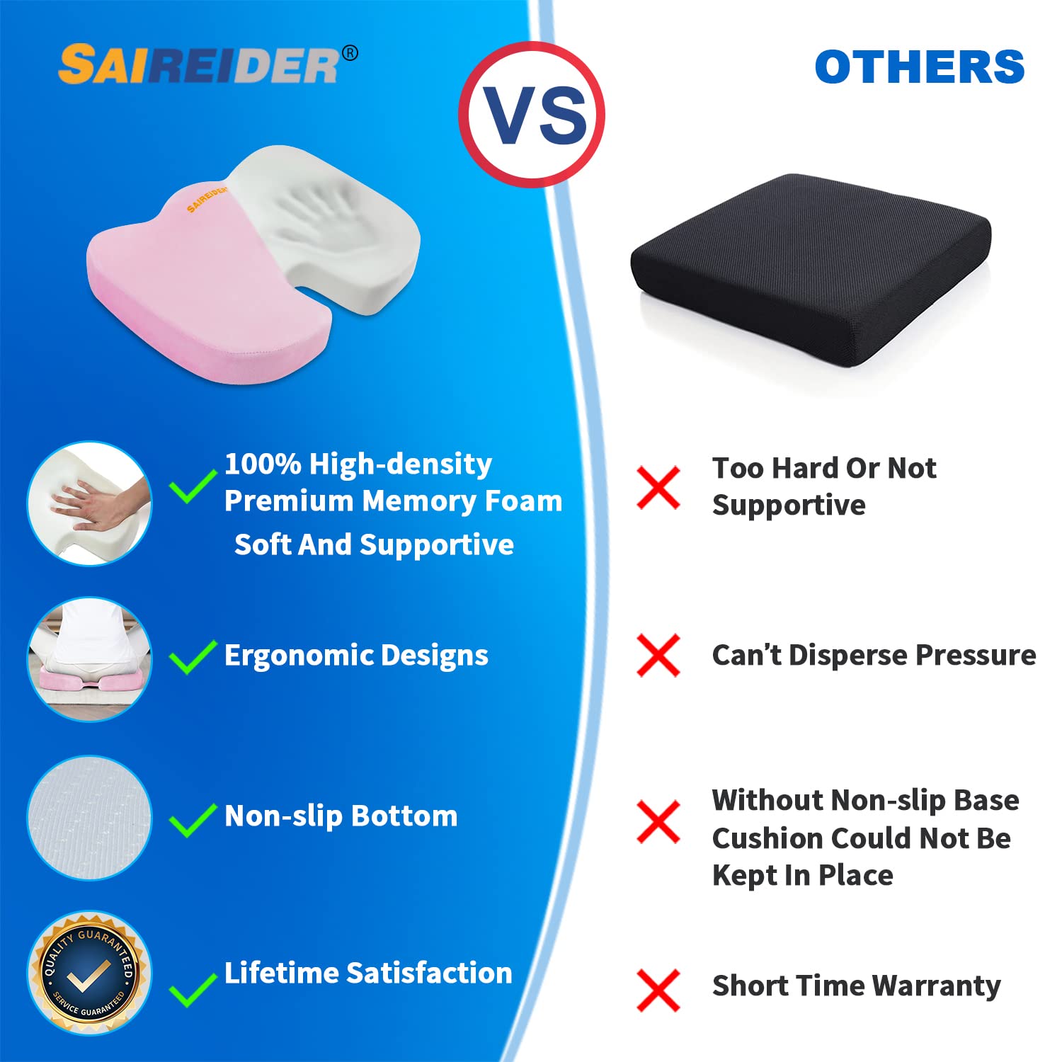 SAIREIDER Office Chair Cushion, Car Seat Cushion, Memory Foam Coccyx Cushion Pads for Tailbone Pain, Sciatica Relief Pillow, Correct Sitting Posture (Pink)