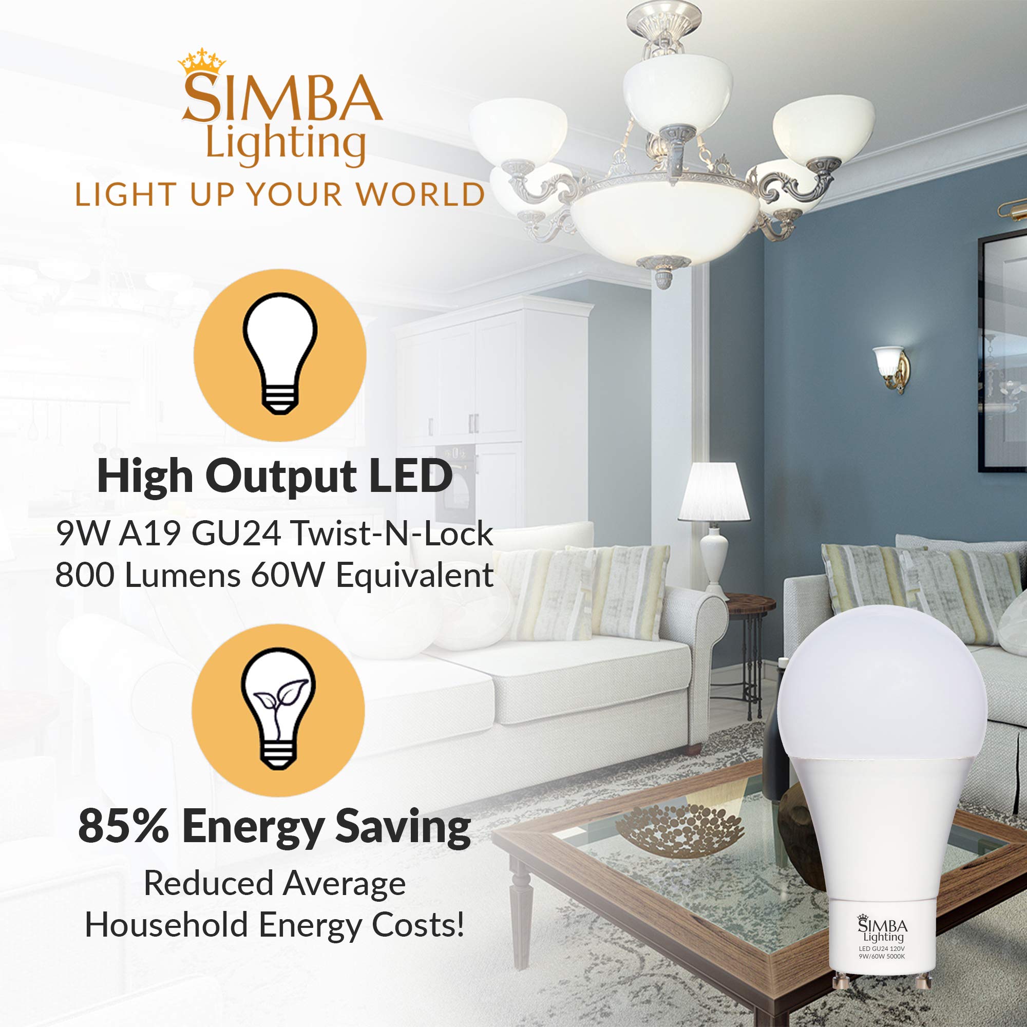 Simba Lighting LED GU24 A19 Light Bulb 9W 60W to 75W Replacement (4 Pack) 120V 2 Prong Twist and Lock Base for Ceiling Lights, Pendants, Outdoor Lanterns, Floor Lamps, Non-Dimmable, 5000K Daylight