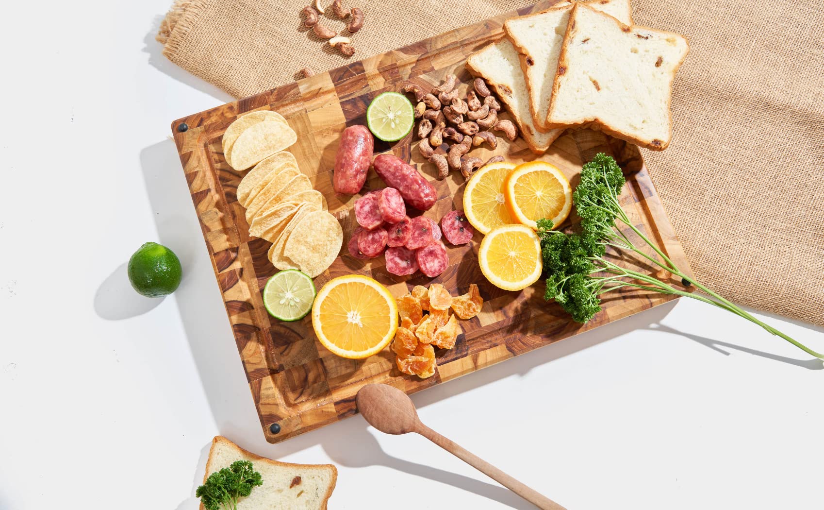 TUSO Butcher Block Cutting Board [17 x 13 x 1.5 inches ] End Grain Teak Wood Cutting Board - Reversible Multipurpose with Non-Slip Feet, Juice Groover, Sorting Compartments and Built-in Handles