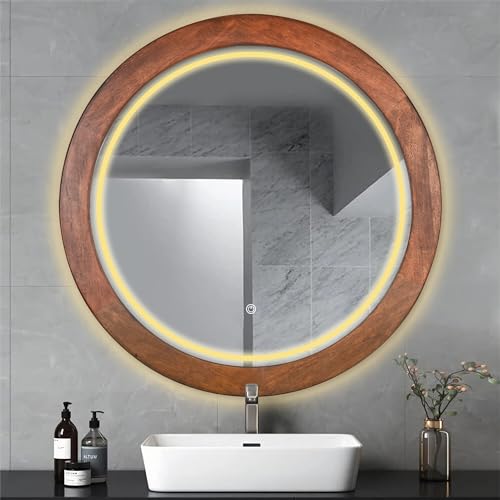 Round Bathroom LED 30 Inch Mirror with Walnut Wood Frame,Lighted Vanity Circle Smart Mirror for Wall,3 Color Dimmable Light up Rustic Framhouse Mirror for Makeup(Rustic Brown)