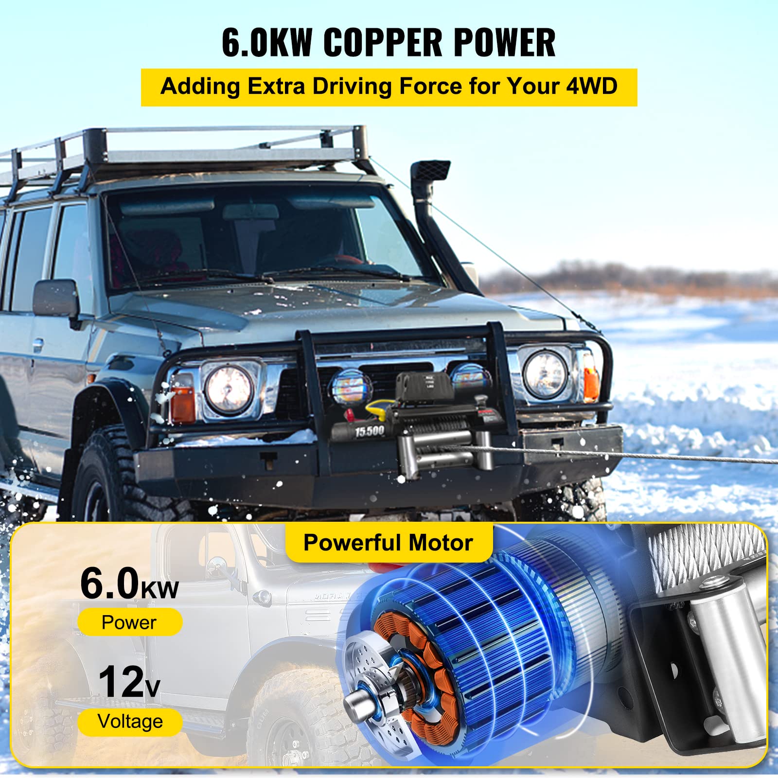 VEVOR Truck Winch 15500lb Load Capacity Cable Steel with Wireless Remote Control 12V Waterproof IP67