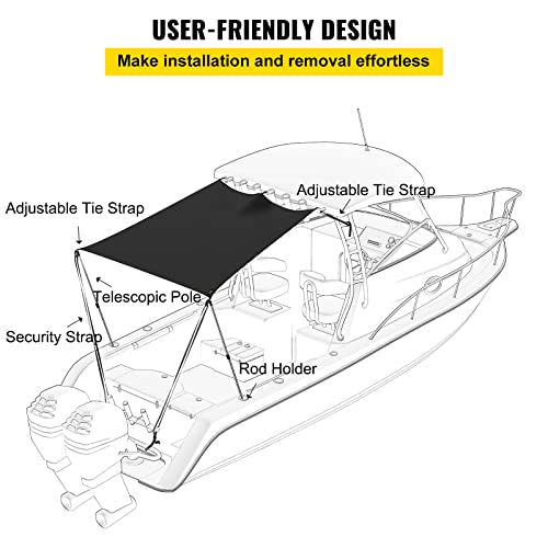VEVOR T-Top Sun Shade Kit 6' x 5', UV-Proof 600D Polyester T-top Extension Kit with Rustproof Steel Telescopic Poles, Waterproof T-Top Shade Kit, Easy to Assemble for T-Tops & Bimini Top