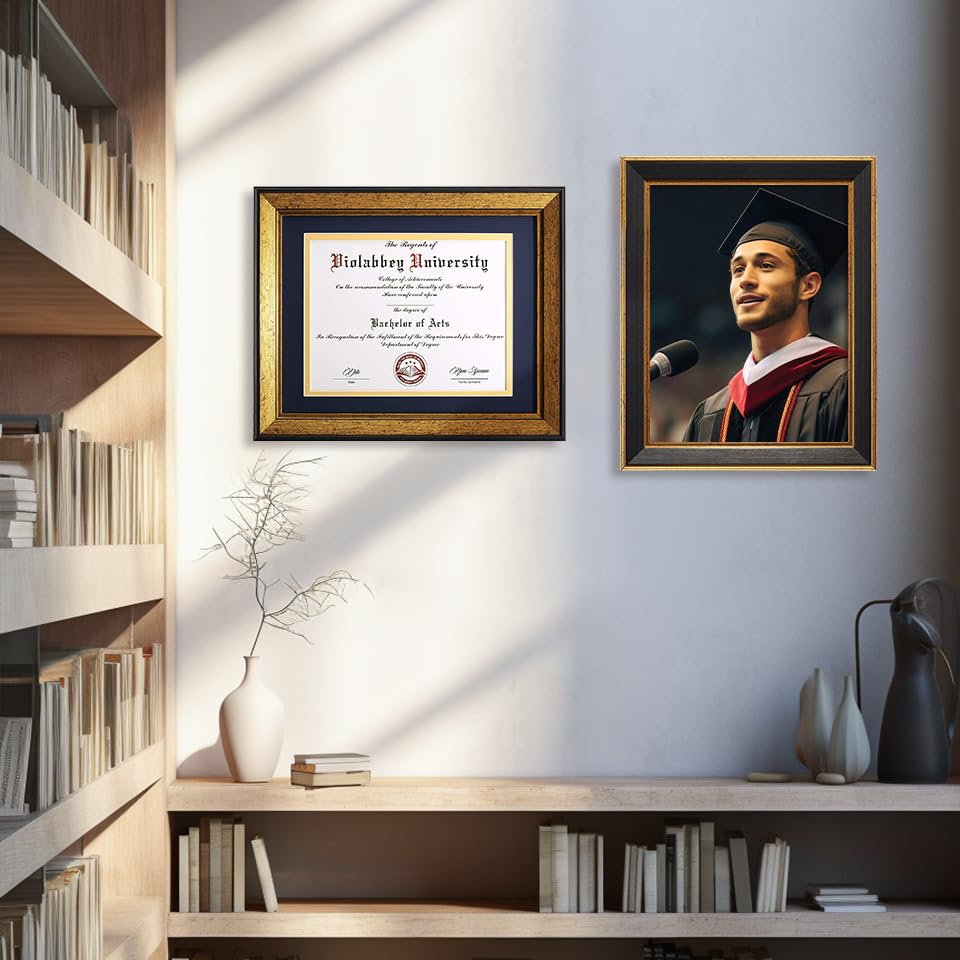 VIOLABBEY 8.5x11 Diploma Frame Black, 8.5 x 11 Certificate Frame with Mat or 11x14 College Degree Frames without Mat, Wall or Tabletop Display, Tempered glass (Red Gold Double Mat)