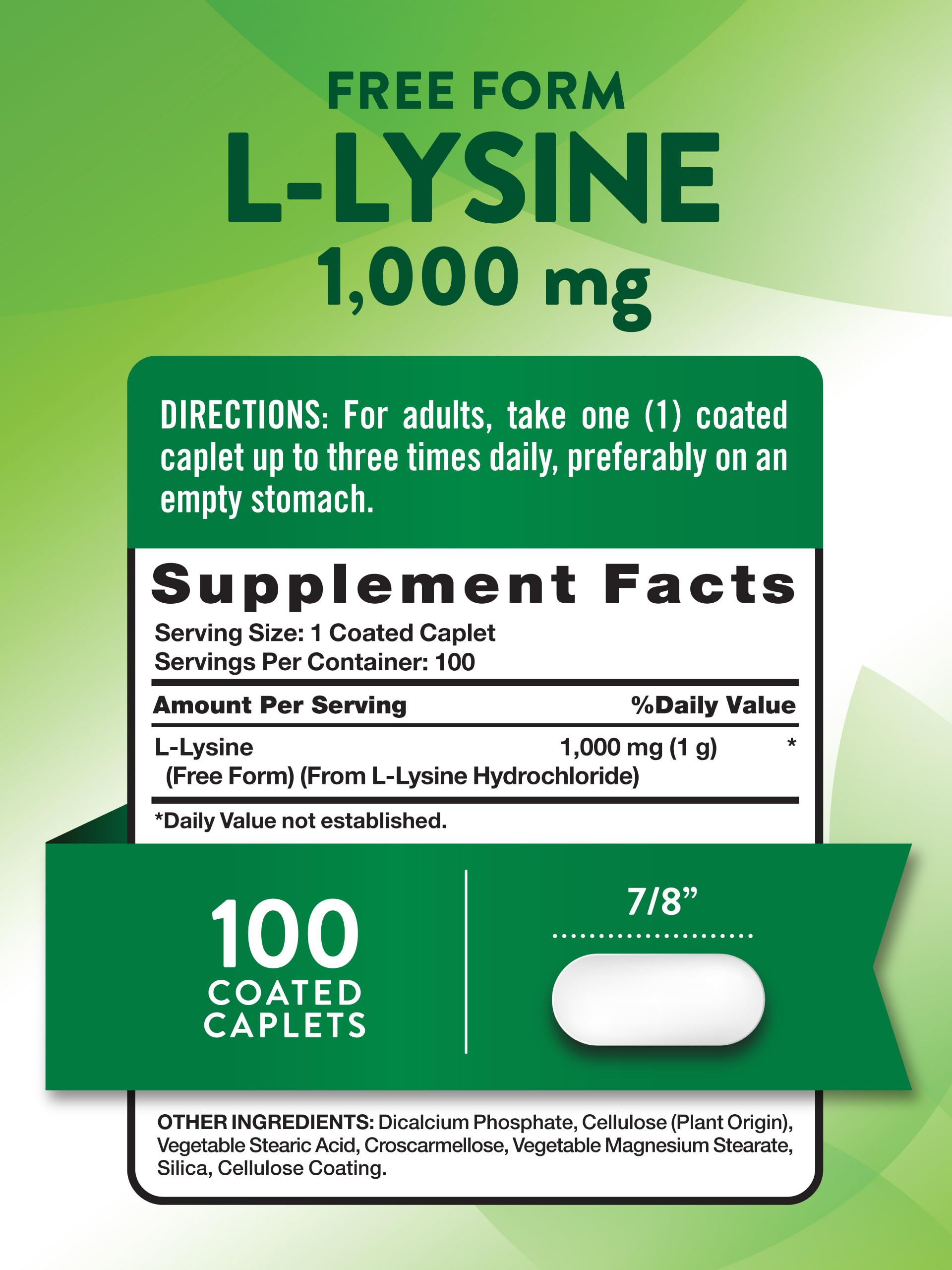 Nature's Truth L Lysine 1000mg | 100 Coated Caplets | Free Form | Vegetarian, Non-GMO, & Gluten Free Supplement