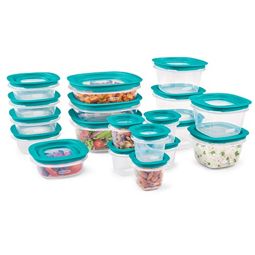 Rubbermaid 38-Piece Food Storage Containers with Snap Bases for Easy Organization and Lids for Lunch, Meal Prep, and Leftovers, Dishwasher Safe, Clear/Blue