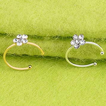 Qiaoying Silver Gold Thin Diamond Flower Clear Crystal Nose Ring Stud Hoop-Sparkly Crystal Nose Ring (2 pcs)