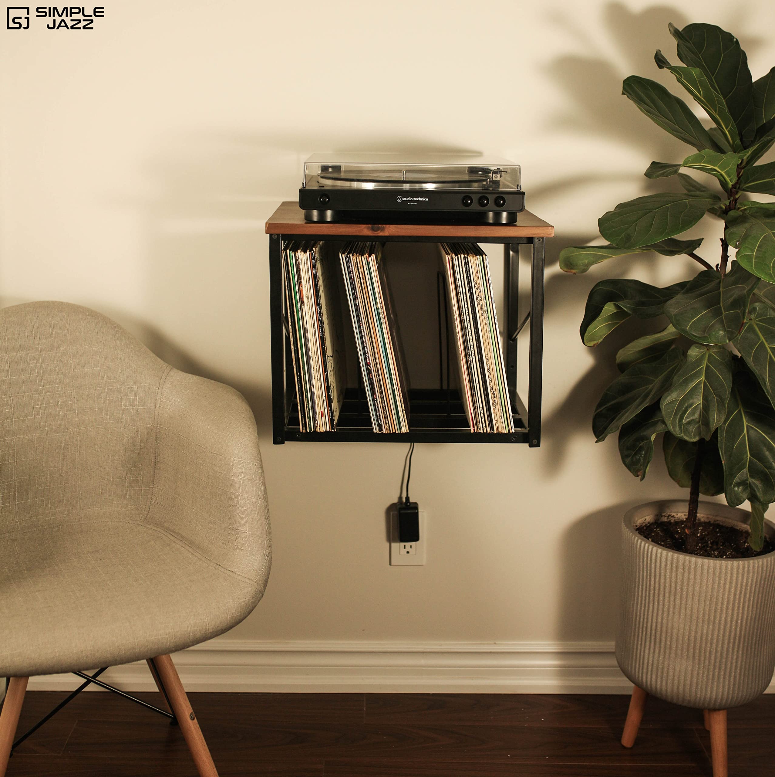 Turntable Stand with Vinyl Record Storage - Solid Acacia Wood with Sturdy Metal Structure - Two-way placement: Wall Mount and Floor Stand (Acacia Wood tabletop and Matte Black metal body)