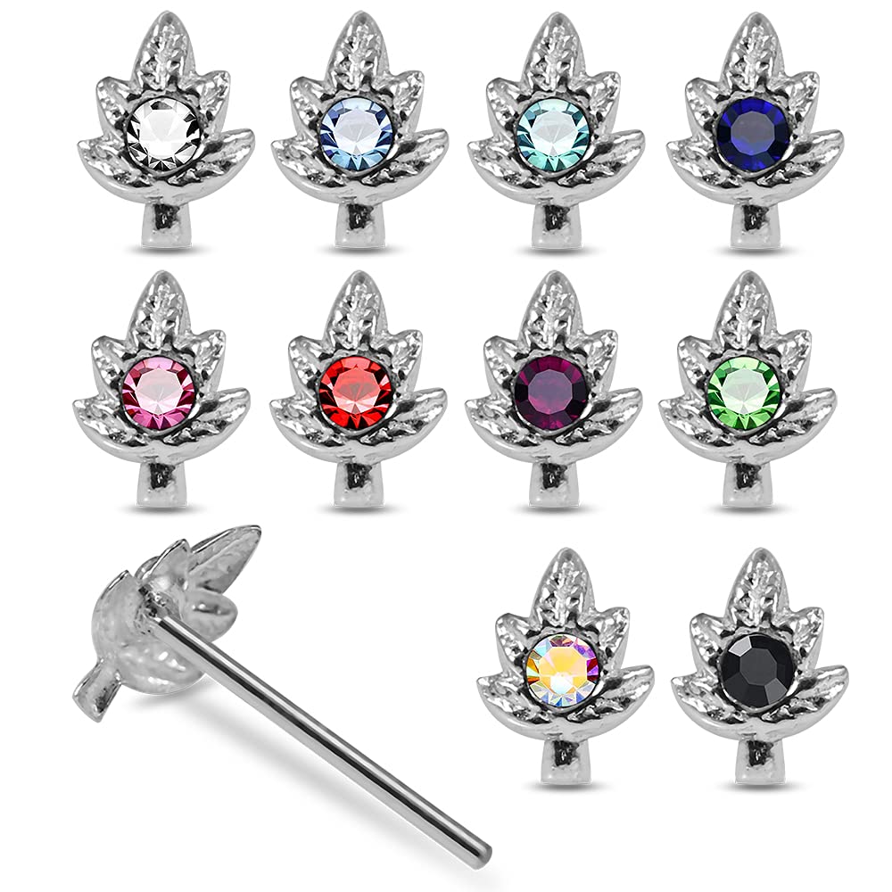 Pack of 20 Pieces Mix Color 22G Sterling Silver Marijuana Leaf Straight End Nose Pin Stud
