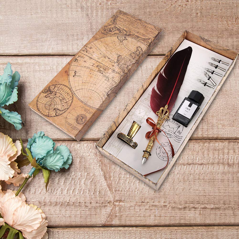 Simlug Calligraphy Pen Feather Quill Pen Set, Vintage Retro Feather Dip Pen Stainless Steel Nibs Calligraphy Writing Ink Pen Gift(Wine Red)