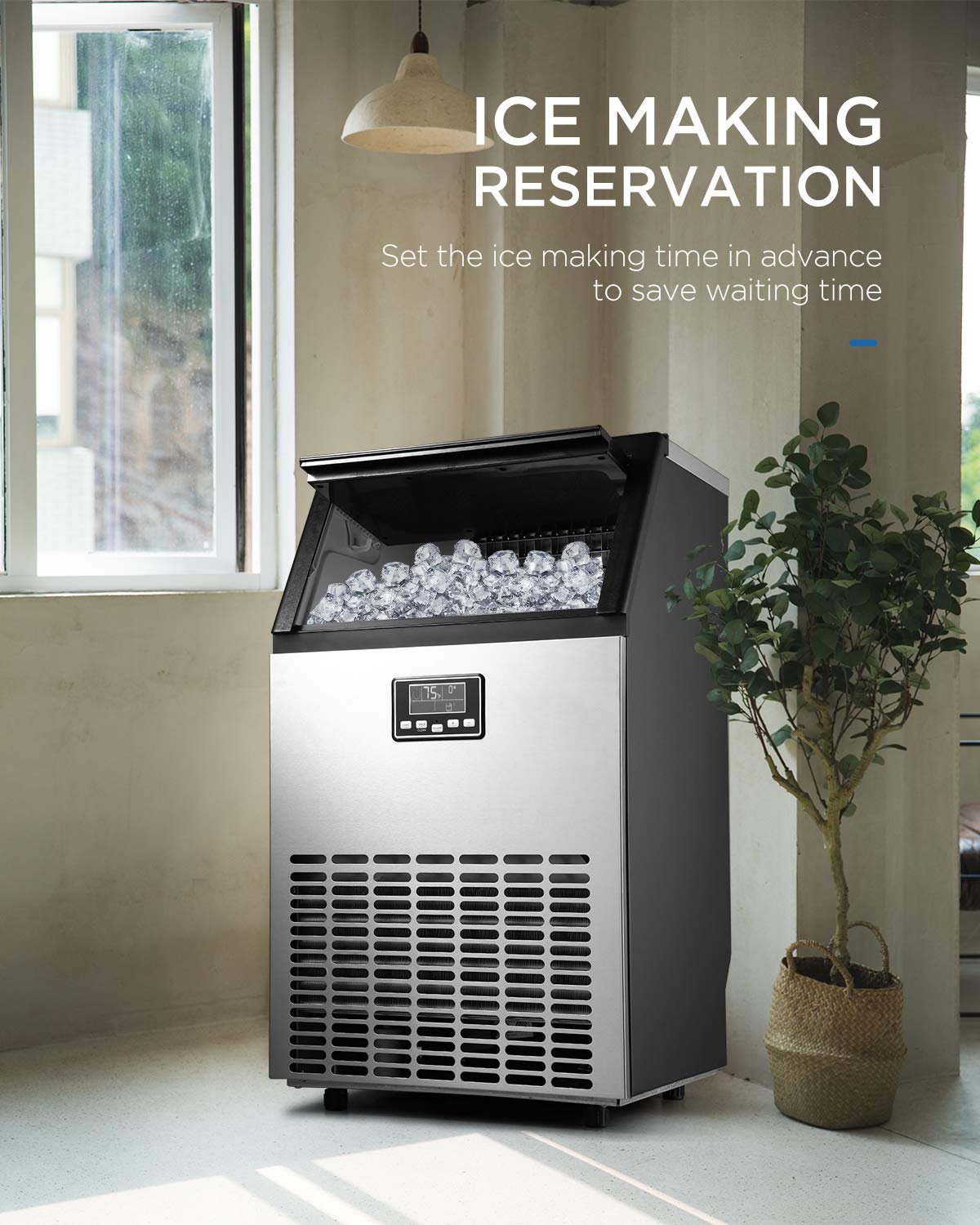 WATOOR Commercial Ice Maker Machine with Bottom-Loading Water System, LCD Display Under Counter or Freestanding 100lbs/24h