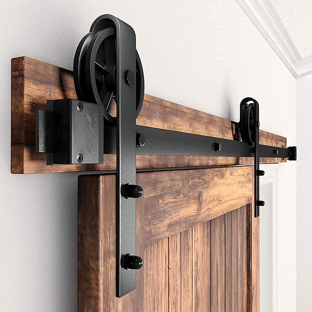 WINSOON 5FT Single Door Sliding Barn Door Hardware Kit with 1pc Barn Door Handle Set with 1pc Adjustable Floor Guide