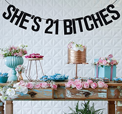 She's 21 Bitches Banner, Girls 21st Birthday Party Decorations, Cheers to 21 Years, 21st Birthday Decorations for Women Black Glitter