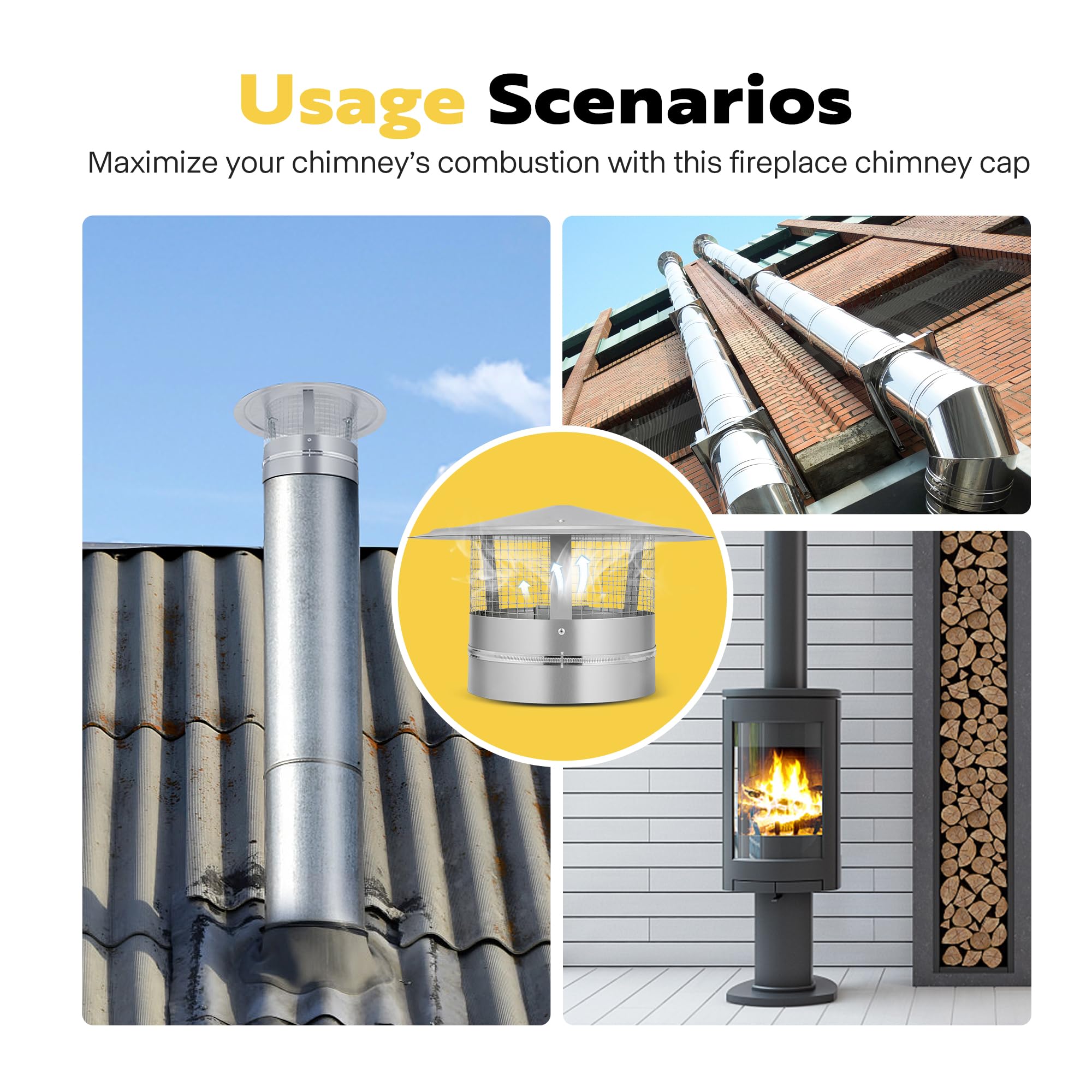 VIVOHOME 10" Cone Top Chimney Cap with Screen, Round Roof Rain Chimney Cover, Galvanized Steel Fireplace Exhaust Cap, Adjustable Roof Cap for Vent