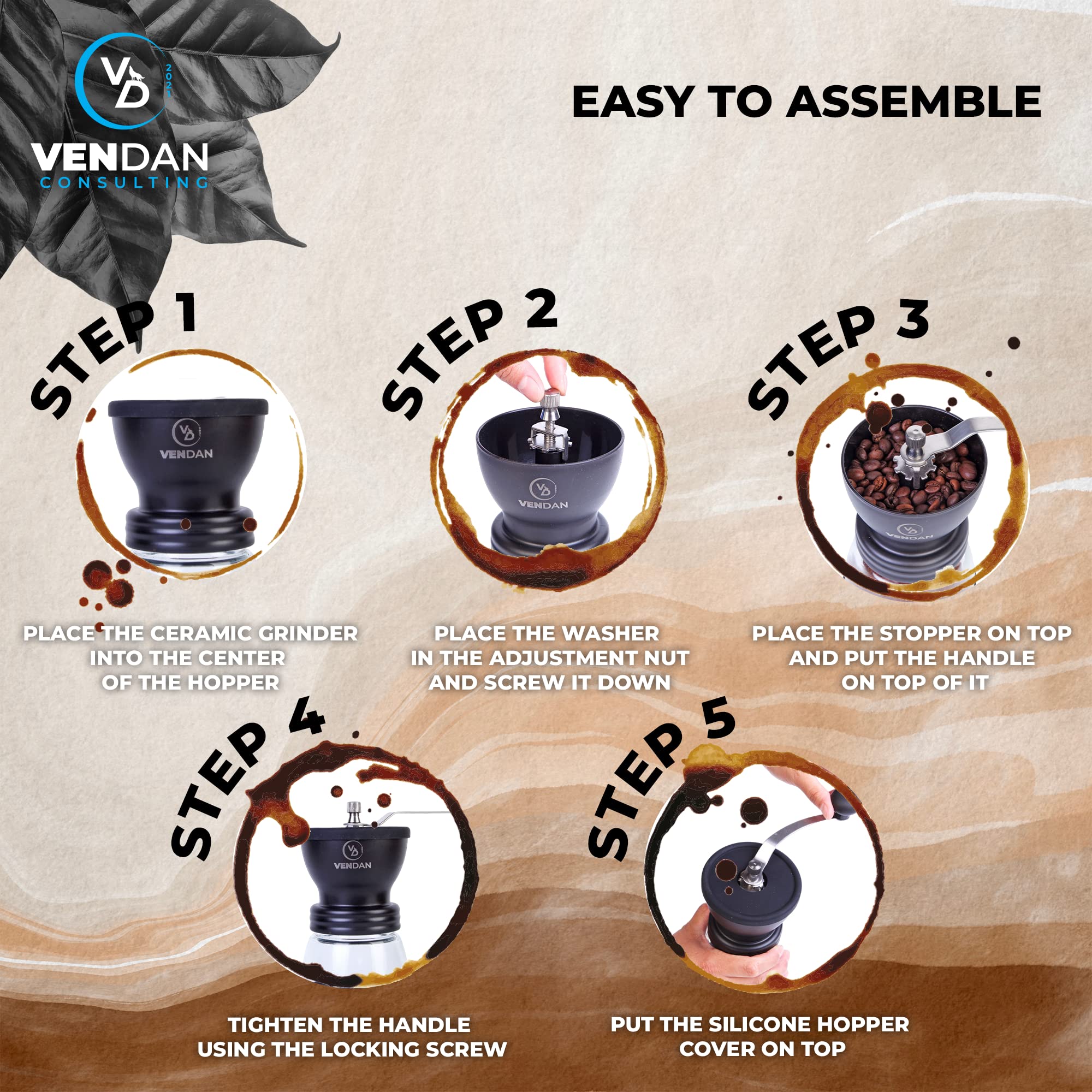 VenDan Manual Coffee Grinder - Hand Crank Coffee Grinder with Travel Jar - Coffee Bean Grinder - Incl. Coffee Scoop & Cleaning Brush - Molino de Cafe