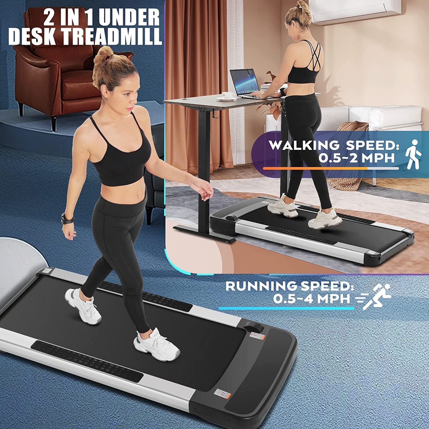 Under Desk Treadmill with 26.4" x 12.4" Tabletop, 3 in 1 Adjustable Height Folding Treadmill with Incline, Portable Fitness Exercise Running Machine for Home/offie/Gym, wool white