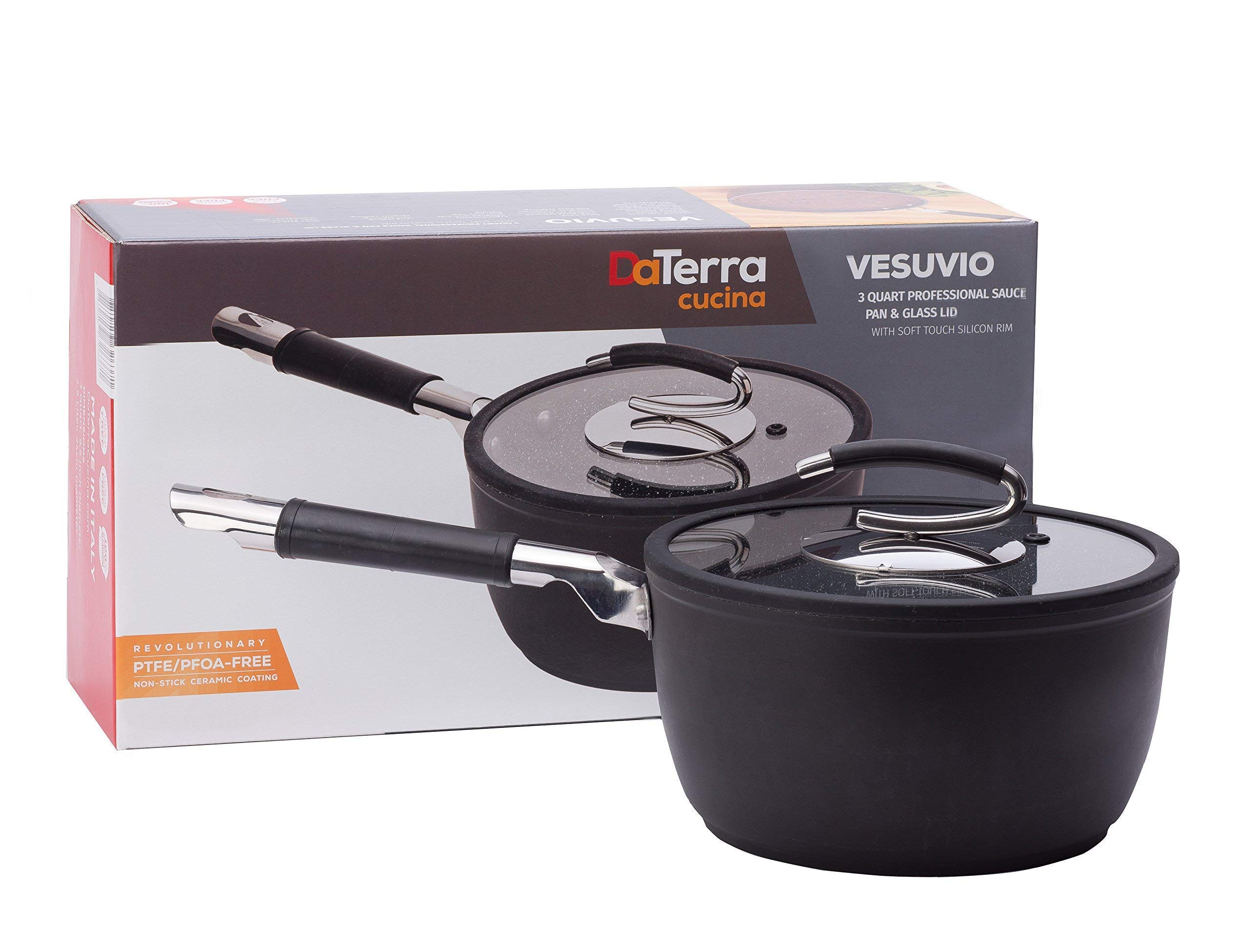 Vesuvio Ceramic Coated Nonstick Cookware, 3-Pack Bundle: Frying Pan, 9.5 Inch | 3 Quart Nonstick Sauce Pan with Oven Safe Glass Lid | 5 Quart Dutch Oven Stock Pot with Oven Safe Glass Lid