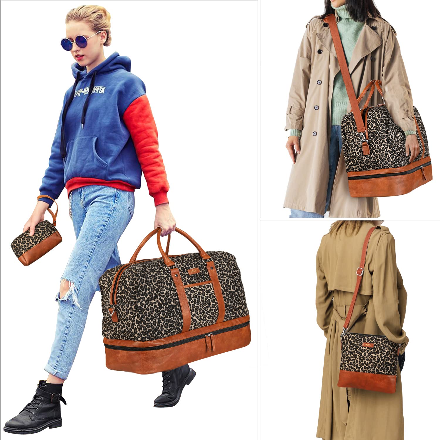 Weekender Bags for Women, Large Overnight Bag Canvas Travel Duffel Bag Carry On Tote with Shoe Compartment 21" 3Pcs Set