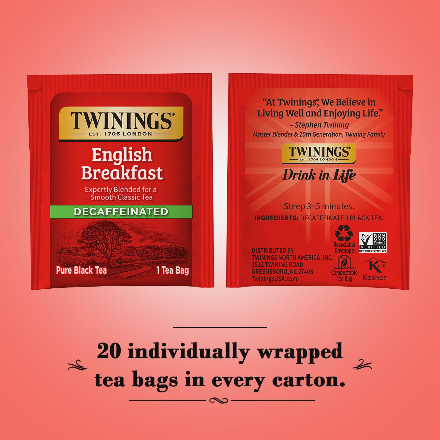 Twinings English Breakfast Decaffeinated Tea, Decaf Black Tea Bags Individually Wrapped, 20 Count Ea (Pack of 3)
