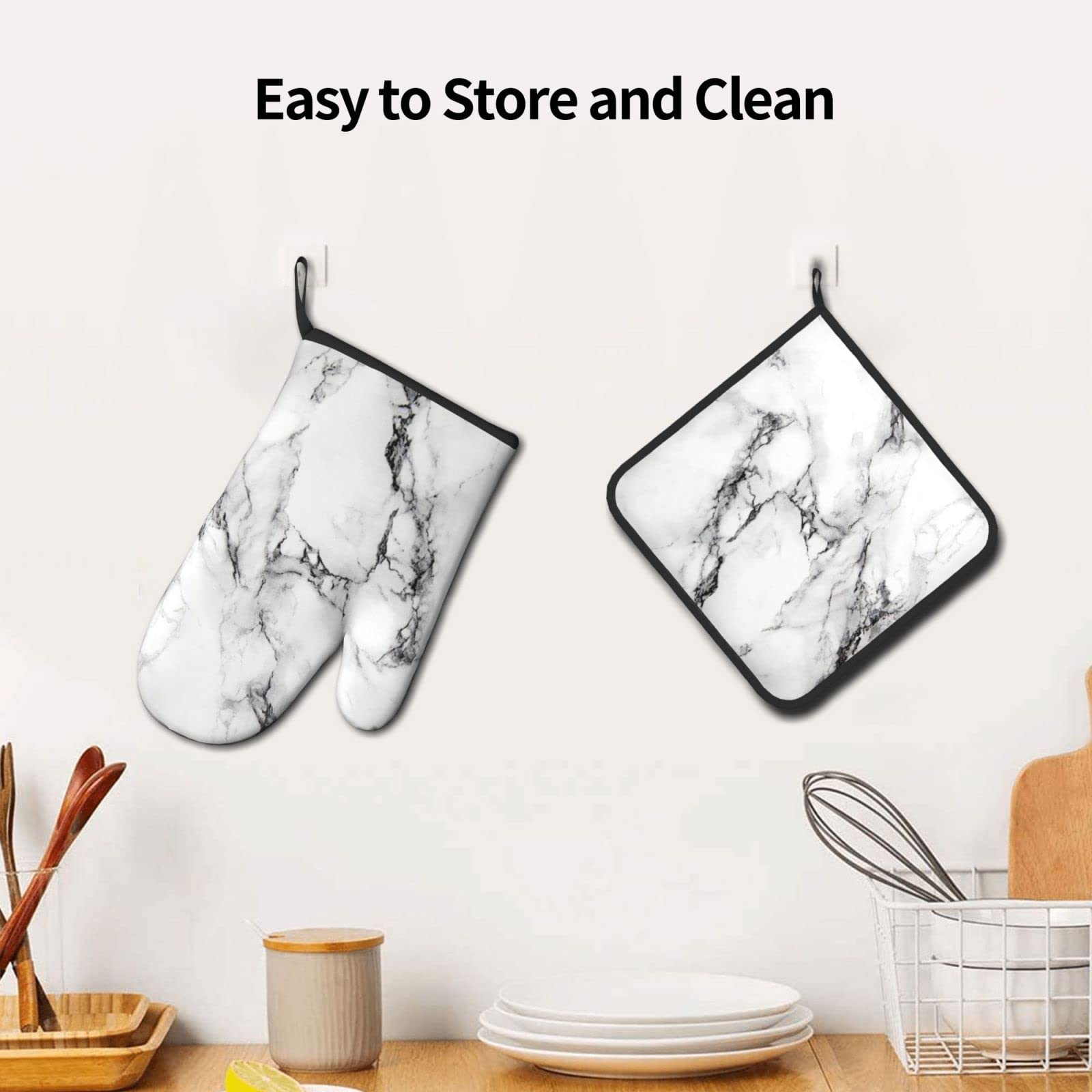 Simple White Marble Stone Funny Oven Mitt and Pot Holders Set Heat Resistant for Kitchen Cooking Baking Grilling Waterproof Non-Slip Thick Oven Gloves