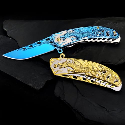 Vividstill Pocket Knife for Men, Cool Folding Knife With 3D Golden Dragon Embossed Relief, Great Gift Edc Knife For Men Outdoor Survival Campingā¦