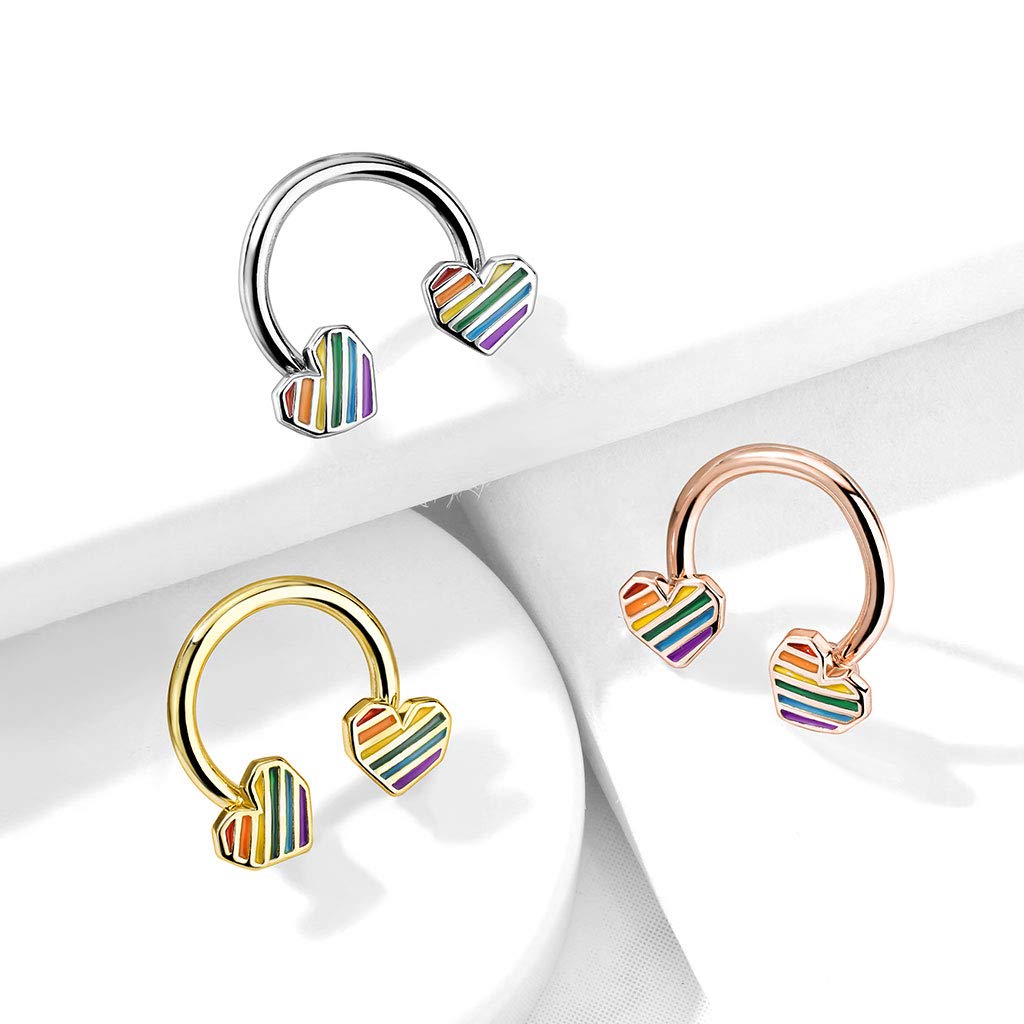 Pierced Owl 16GA 316L Stainless Steel Rainbow Heart Ends Septum Cartilage Horseshoe Barbell (Silver Tone)