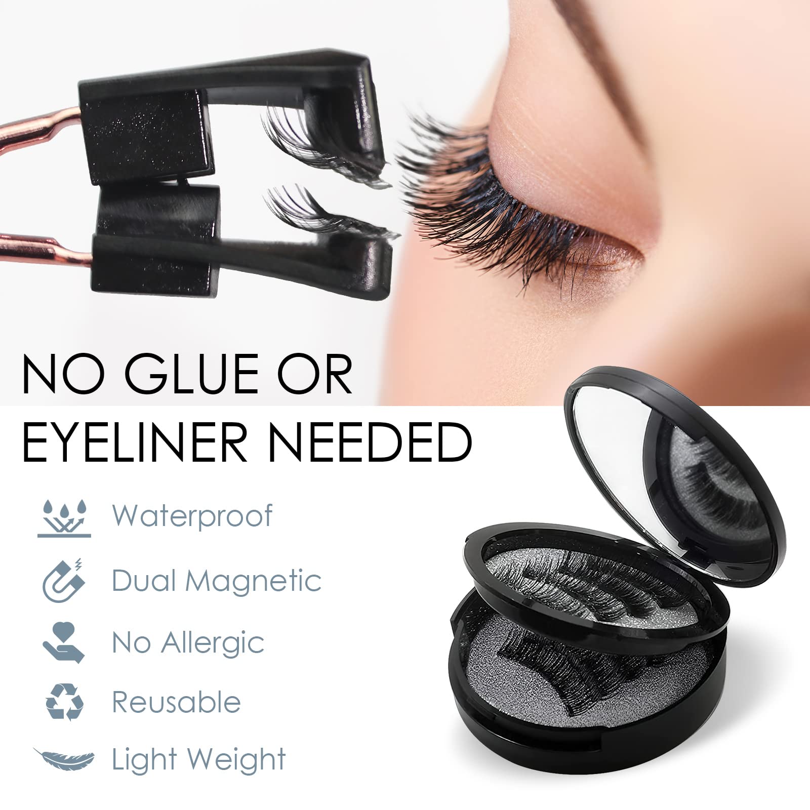 Reusable Magnetic Eyelashes 4 Pairs, Dual 3D Magnetic Lashes without Eyeliner Natural Look, False Eyelashes Extension Kit with Applicator Tweezers