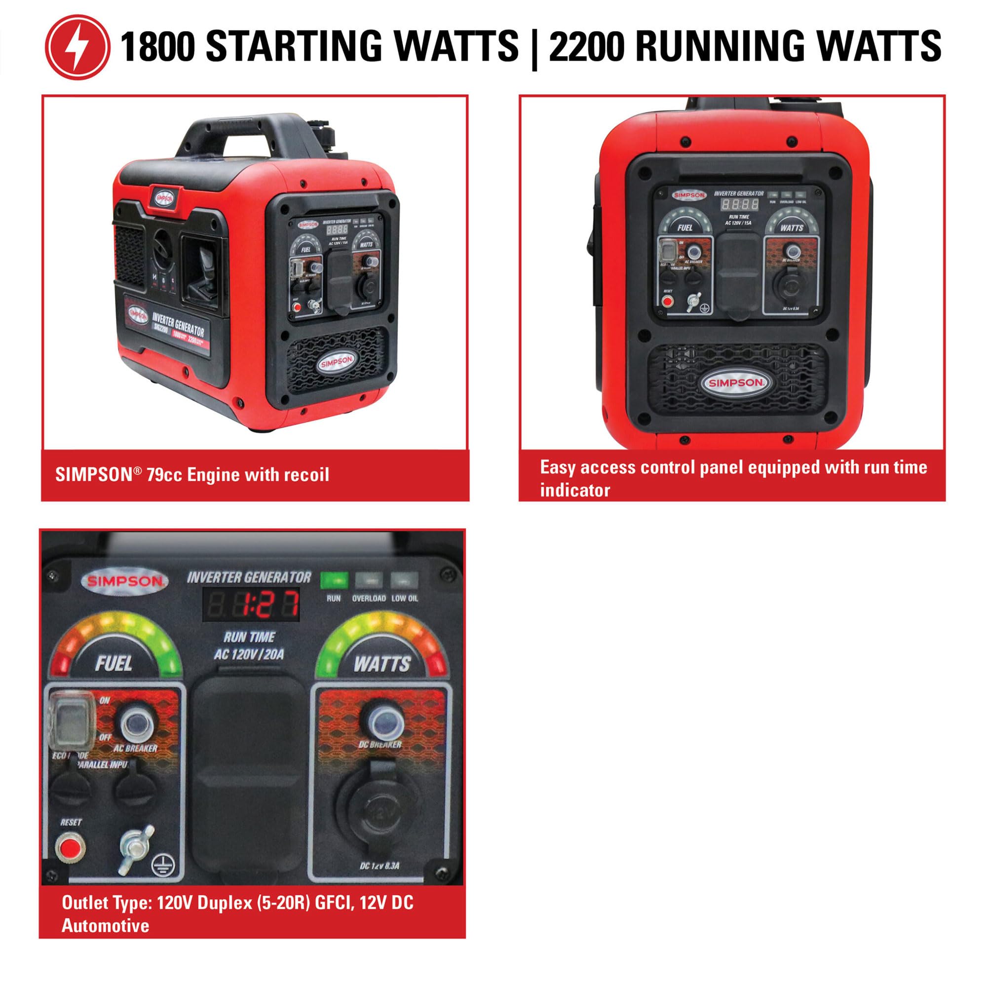 SIMPSON Cleaning SIG2218 Portable Gas Generator and Inverter Power Station for Camping, RV, Home Use, Construction, and More, 1800 Running Watts 2200 Starting Watts