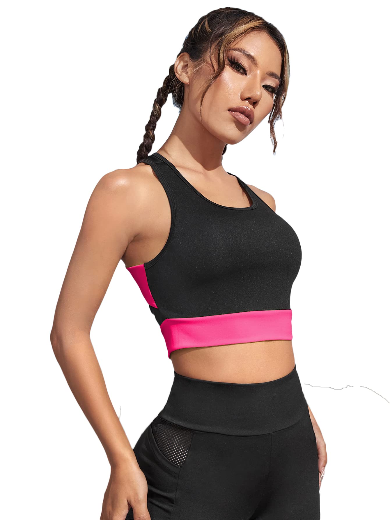 Verdusa Women's Color Block Cut Out Back High Support Workout Yoga Sport Bra Black Hot Pink S
