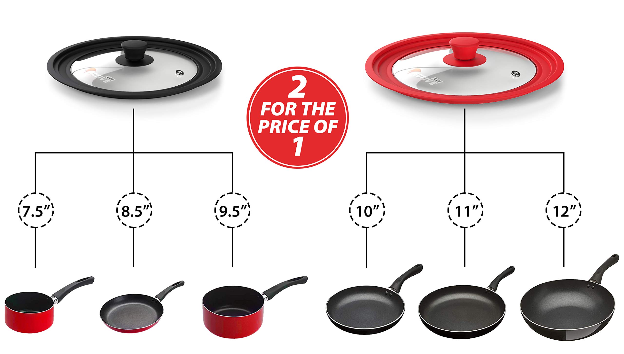 Universal Lid for Pots and Pans, Silicone Lids for Pots and Pans, Pan Lids, [Pack of 2], Frying Pan Cover- Replacement Lids Fits 7-12 inch, Black & Red
