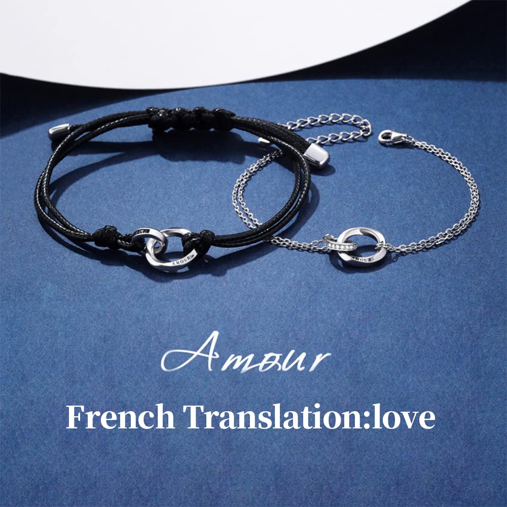 Vxddy Couples Bracelets Promise Matching Bracelet Interlocking Infinite French-Language Love Sterling Silver Couple Adjustable Jewelry Gift
