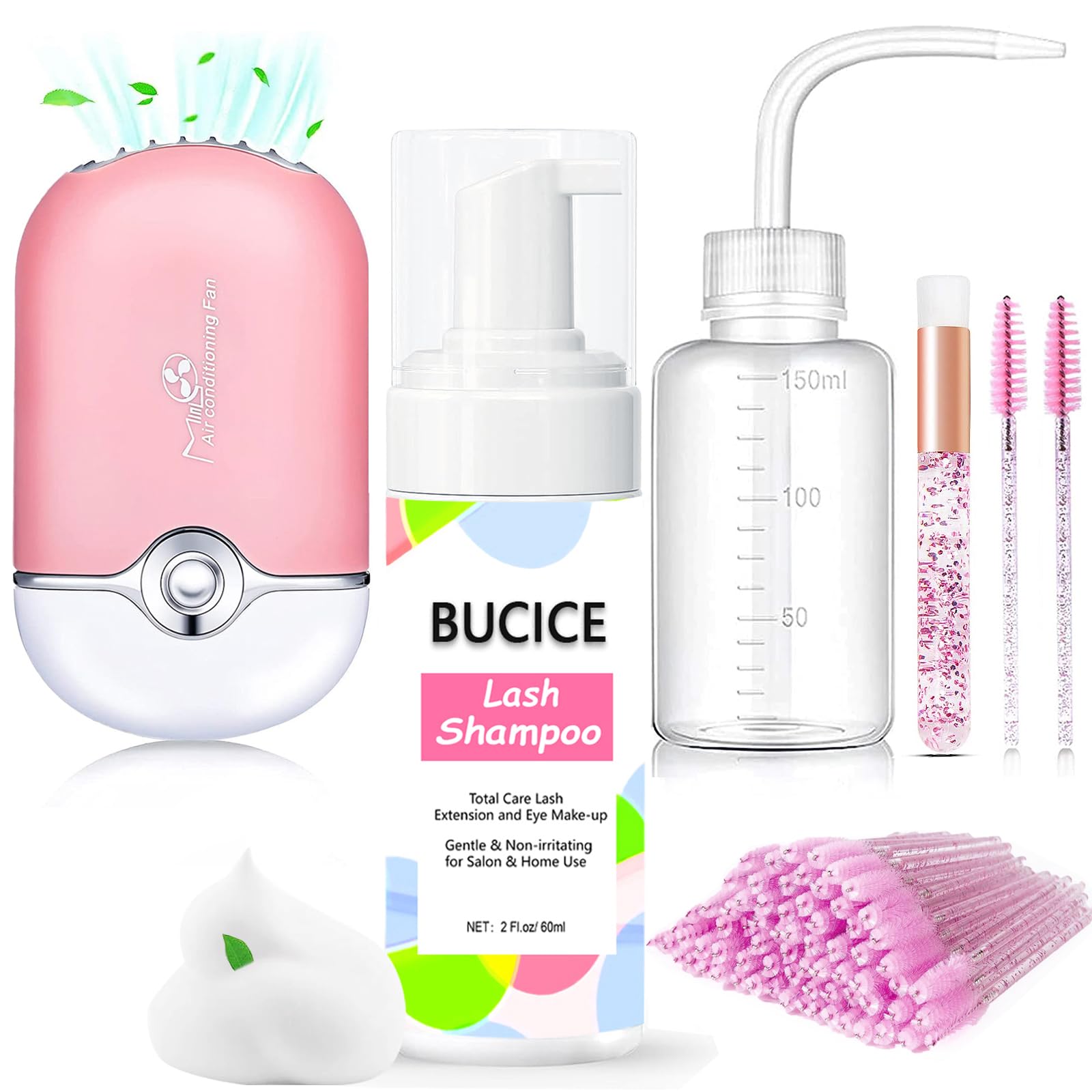 Premium Lash Shampoo and Cleanser Kit with Lash Fan, 60ml Eyelash Foam Cleanser, Facial Cleansing Brush, Eyelash Brush and Wash Bottle for Eyelash Extensions - Effective Eyelash Cleaning Solution