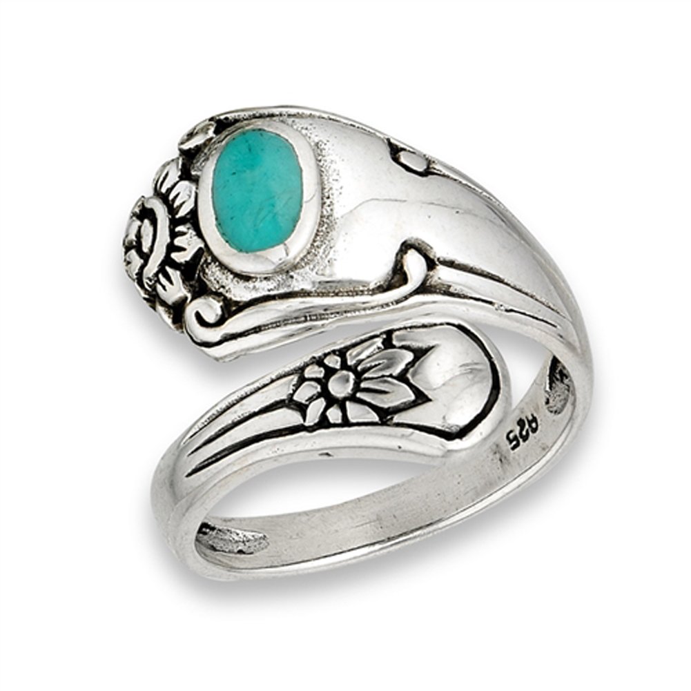 Open Simulated Turquoise Unique Vintage Spoon Ring Sterling Silver Thumb Band Size 8