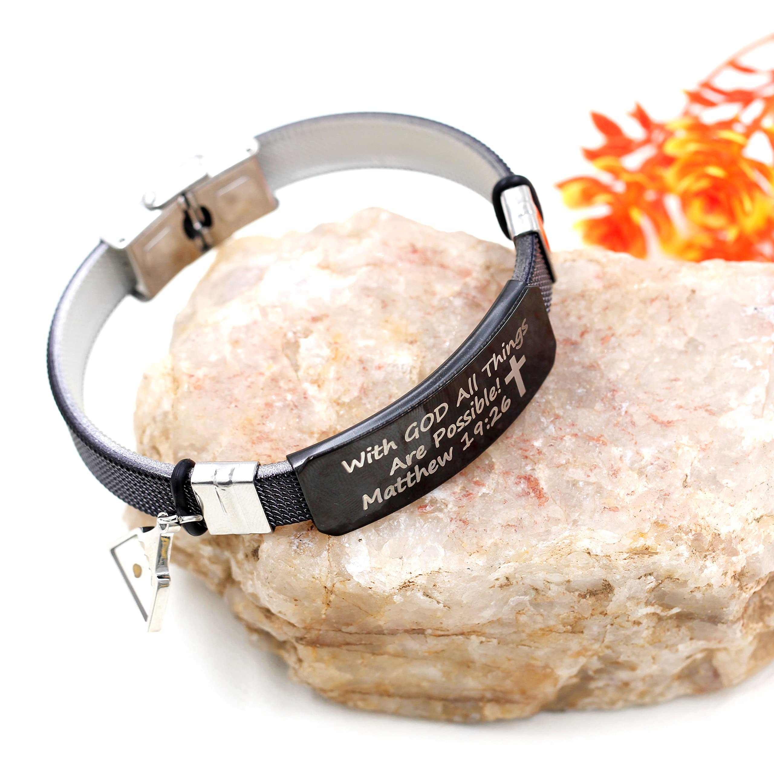 With God All Things Are Possible Cuff Wristband Bible Verse Bracelet Black, Triangle Mountain Mustard Seed Charm Y2154 (Black wrist-Black tag)