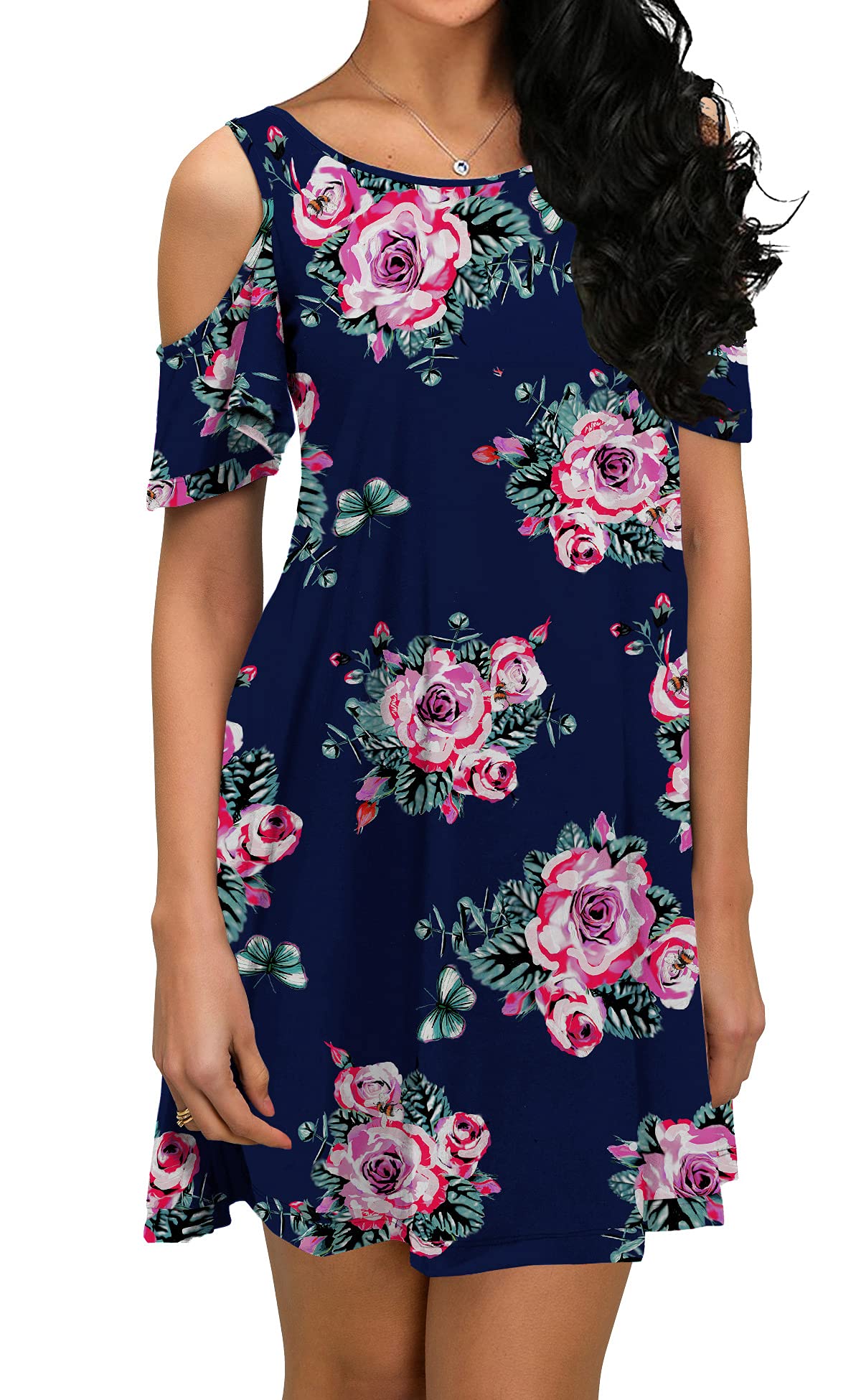 QIXING Women's Summer Cold Shoulder Tshirt Mini Dress Swing Tunic Tops Navy Blue-XL