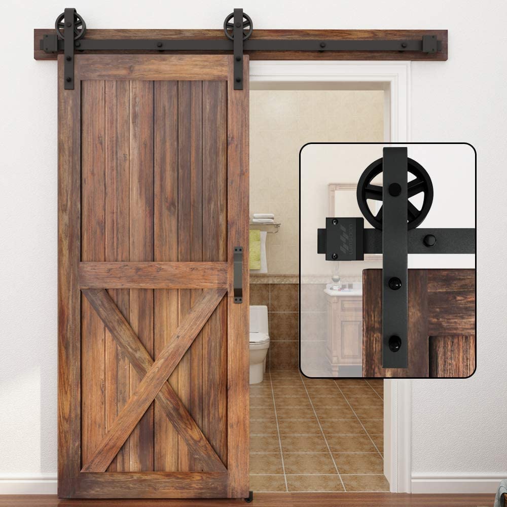 WINSOON 6FT Single Wood Sliding Barn Door Hardware Kit Basic Black Big Spoke Wheel Roller Garage Closet Carbon Steel Flat Track System with 36 x 84 inch Sliding Barn Door