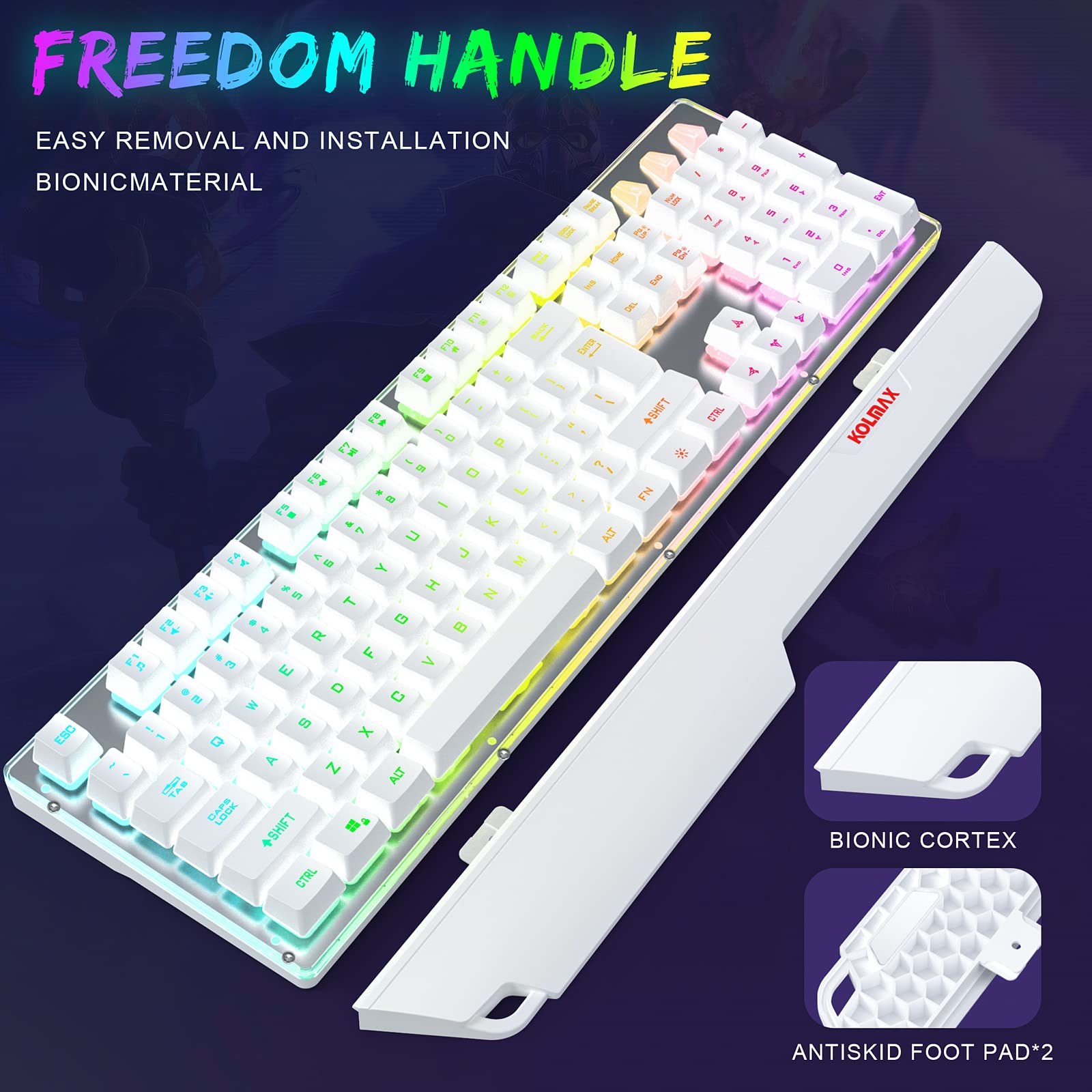 White Gaming Keyboard Colorful Rainbow Backlit Keyboard with Ergonomic Detachable Wrist Rest,Transparent Aluminum Panel Keyboard with Mechanical Feeling 104 Keys for PC PS4 Xbox Mac Office/Gaming