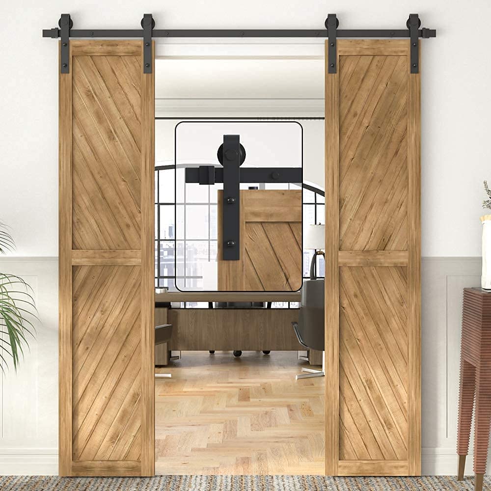 WINSOON 6FT Sliding Barn Wood Door Hardware Cabinet Closet Kit with 2PCS 12 Inch Sliding Barn Door Handles Black Hardware with Pull and Flush Barn Door Handle Set