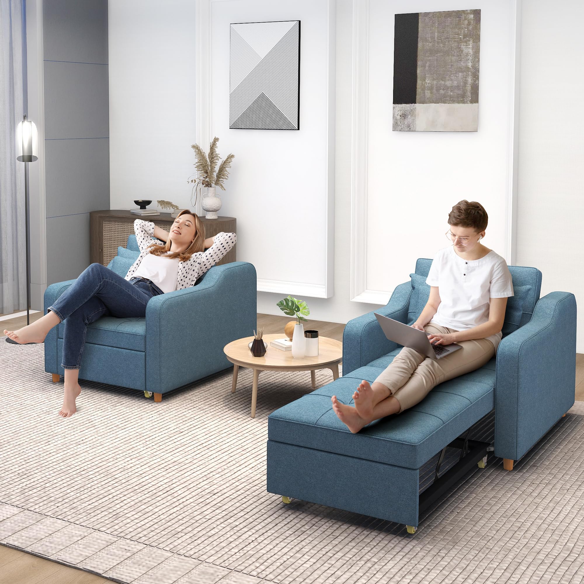 Vicluke Convertible Chair Bed, 3-in-1 Sleeper Chair Bed with Adjustable Backrest, Linen Pull Out Sofa Bed with 2 Pillows, Folding Single Bed Armchair for Apartment, Living Room (Bluish Grey)
