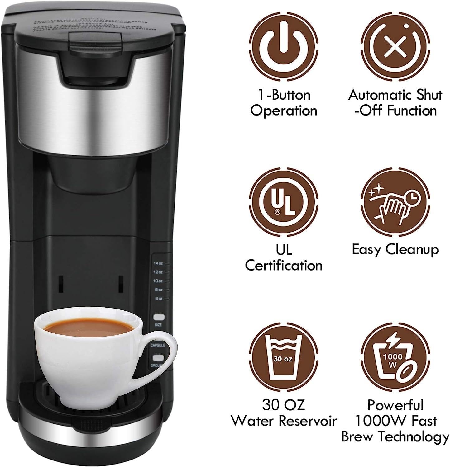 Single Serve Coffee Maker for K Cup & Ground Coffee, 6 to 14 OZ Brew Sizes, Small Coffee Maker with 30 OZ Water Reservior & Automatic Shut-Off Function, Adjustable Drip Tray