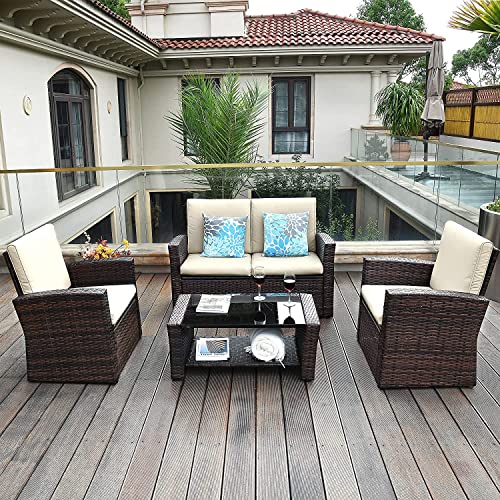 YITAHOME 5 Piece Patio Furniture Sets, All-Weather Outdoor Patio Conversation Set, PE Rattan Wicker Small Sectional Patio Sofa Set with Table, Brown