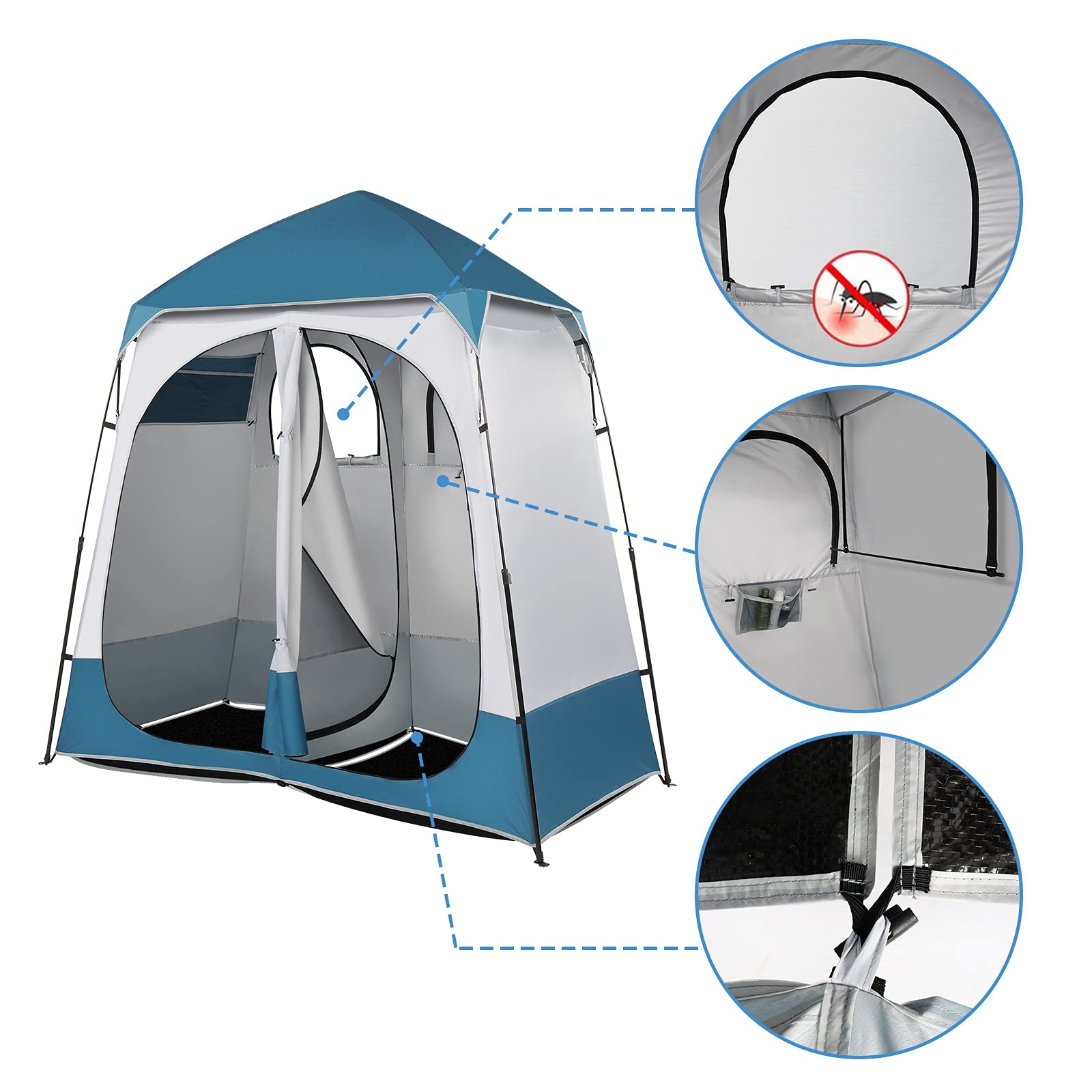 Outvita Oversize 2 Rooms Shower Tent, 7.5 FT Outdoor Pop up Changing Room, Instant Extra Wide Privacy Shelter for Camping Dressing Toilet Bathroom with Carry Bag, Blue & White