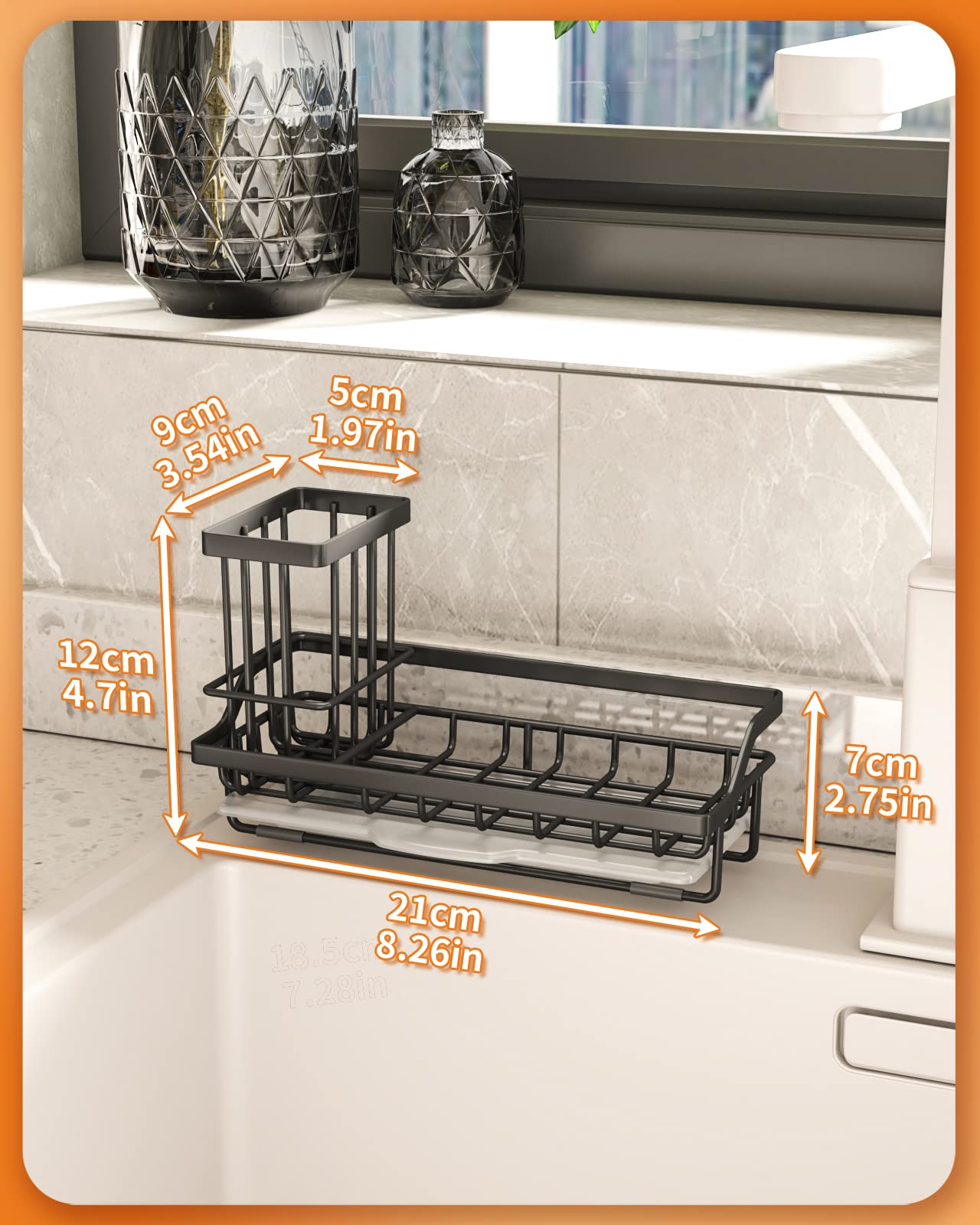 SWTYMIKI Sink Caddy Sponge Holder - Kitchen Sink Organizer with High Brush Holder for Countertop by the Sink Holding Dish Soaps and Sponges, Stainless Steel, Black